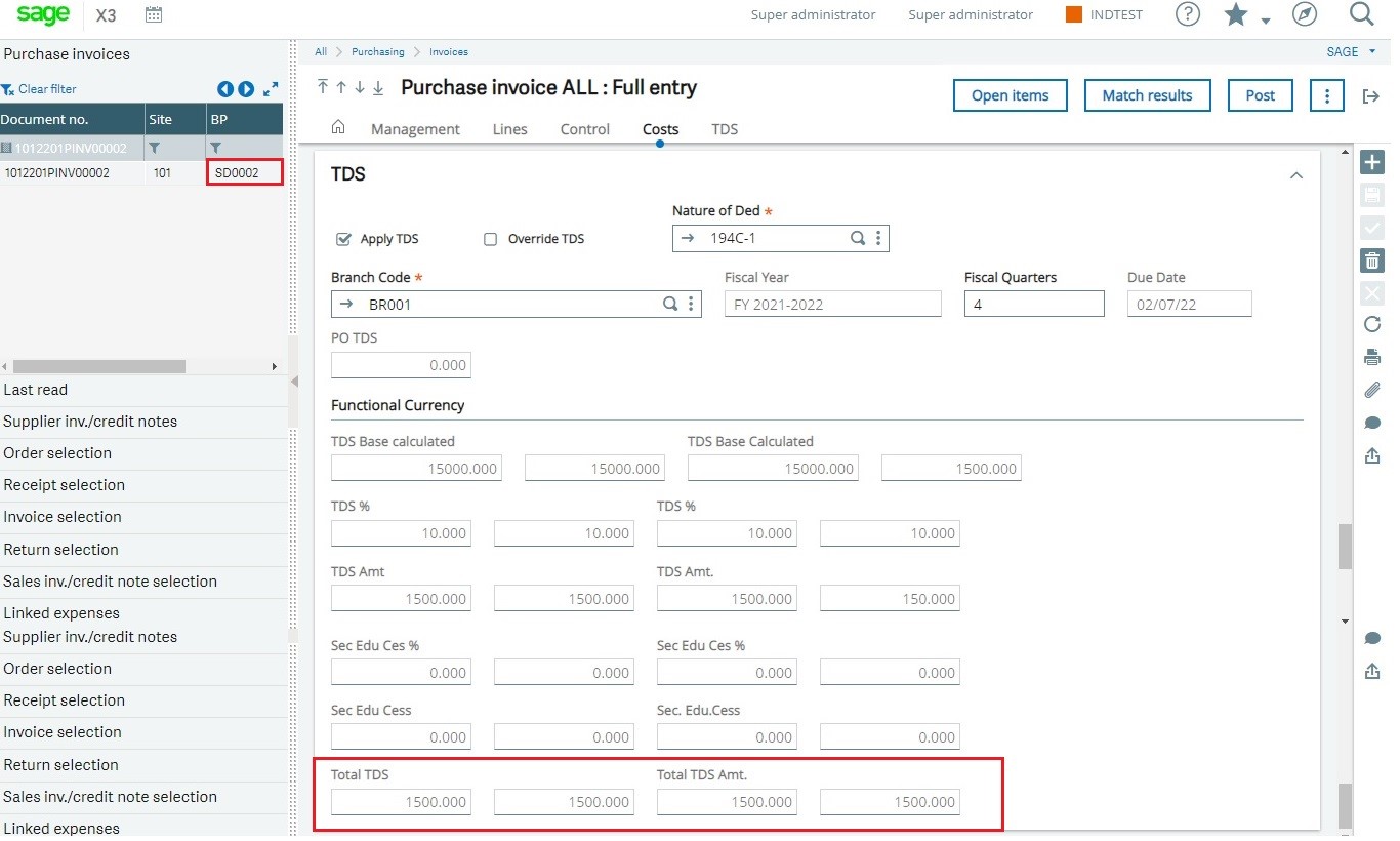 TDS Transactions in Sage X3
