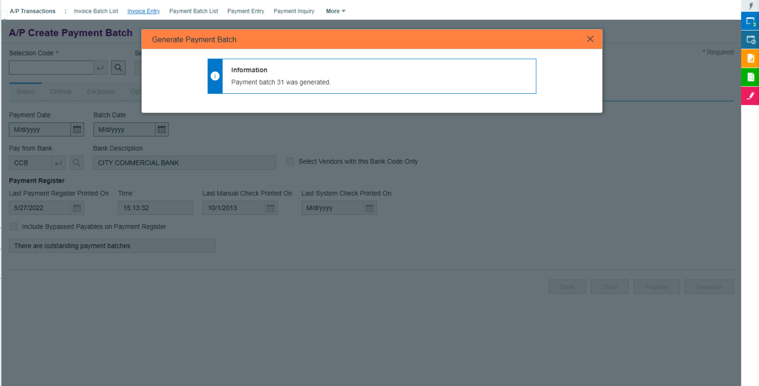 Create Payment Batch in Sage 300