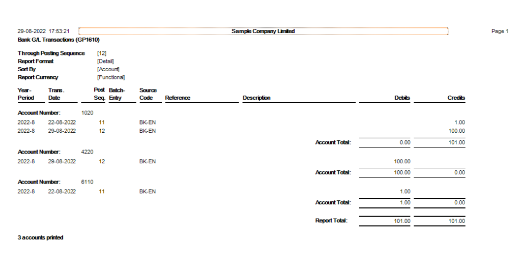 G/L Transactions Report - Sage Software