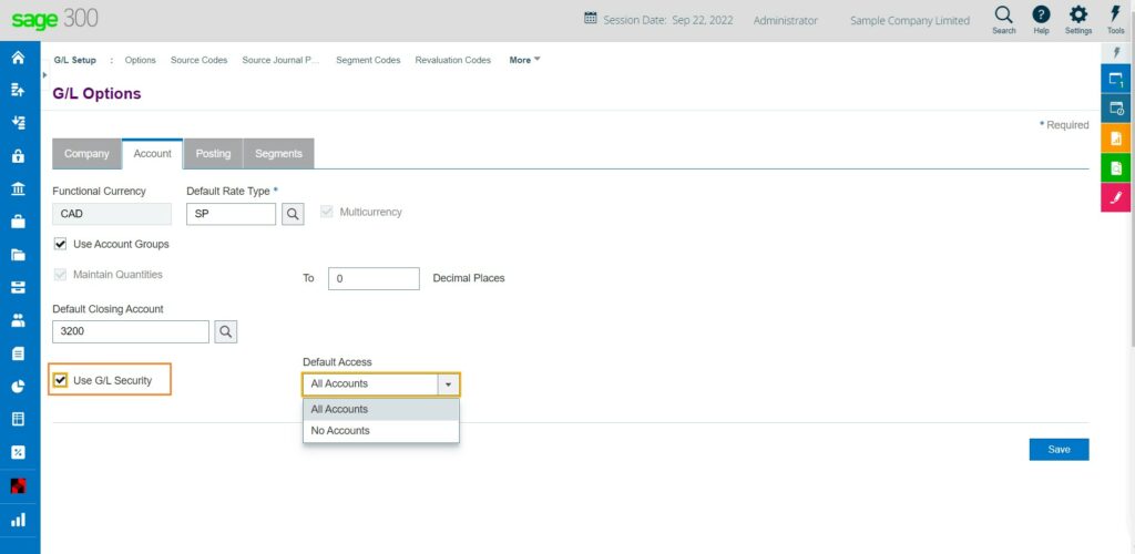 GL Security in Sage 300 Web Screen - Sage Software
