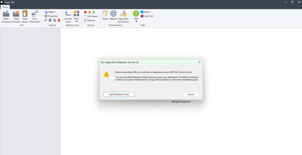How to Resolve 'No Supported Databases Are Set Up’ prompt in Sage 300 v2023